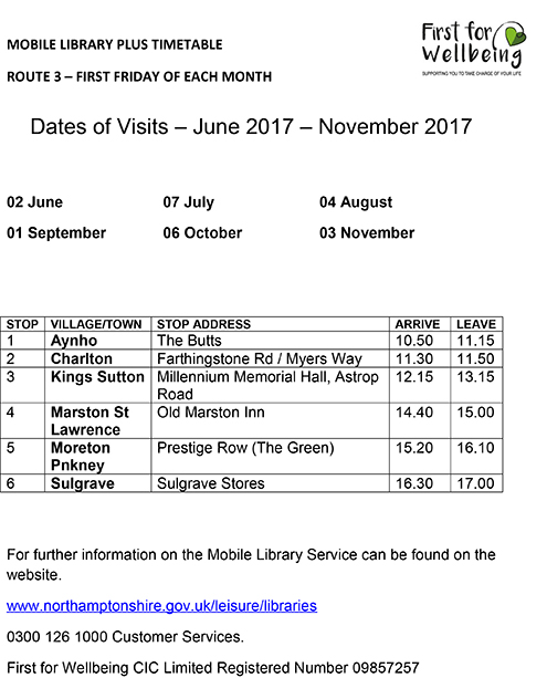 Mobile Library Timetable, June – November 2017 « Sulgrave Village Website