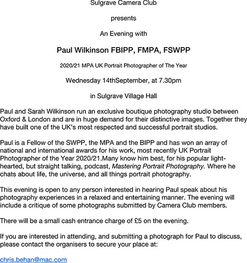 An Evening with Paul Wilkinson, recent UK Portrait Photographer of the ...