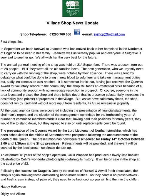 Village Shop Newsletter for October 2022 « Sulgrave Village Website